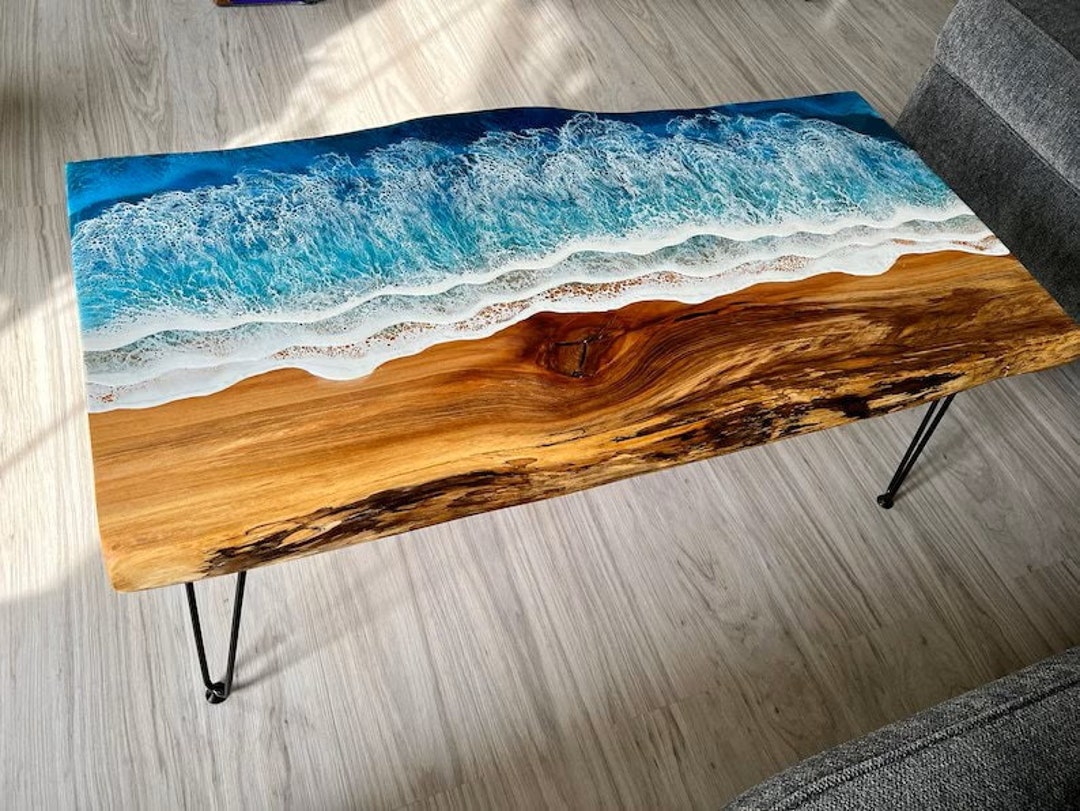 Custom Epoxy Table Ocean Waves on Wood Ocean Sea and Waves Dining Table ...
