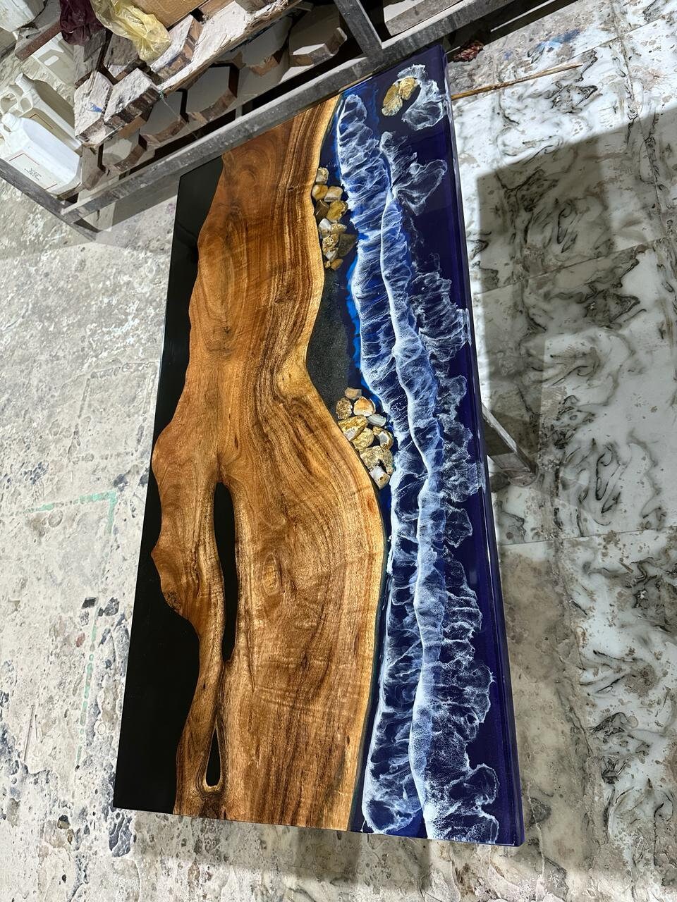 Custom Epoxy Table Walnut Wood Deep Ocean Sea and Waves Dining Table ...