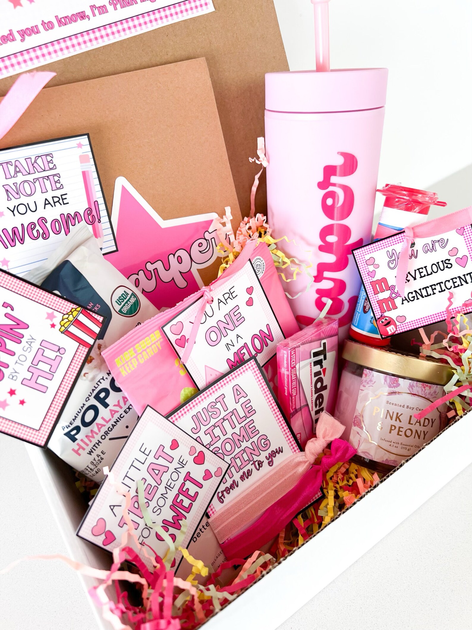 Tickled Pink Care Package: Personalized Tumbler, Candle & Snacks - Etsy