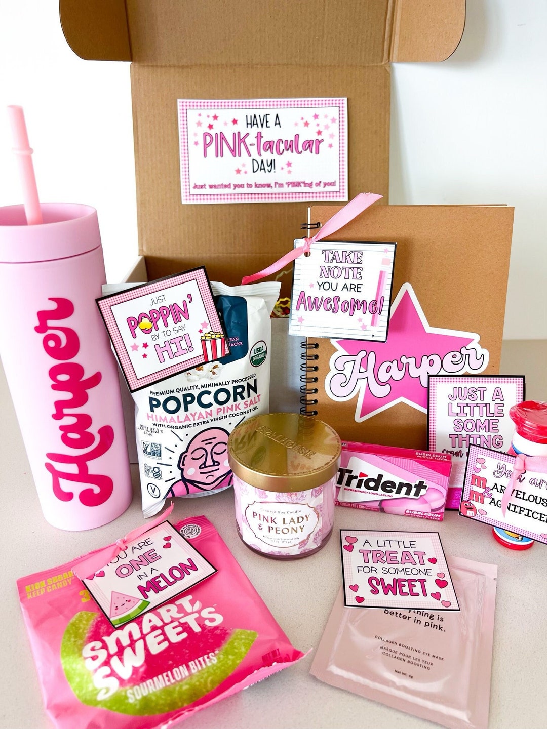 Tickled Pink Care Package: Personalized Tumbler, Candle & Snacks - Etsy