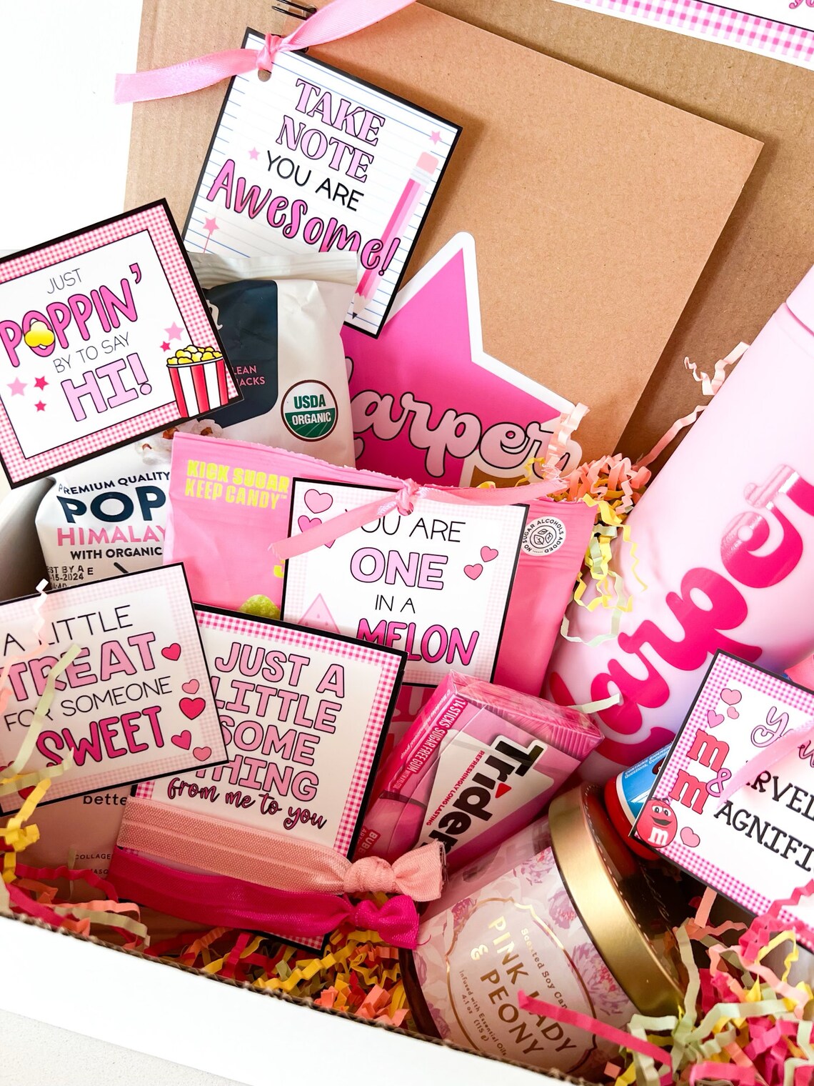 Tickled Pink Care Package: Personalized Tumbler, Candle & Snacks - Etsy