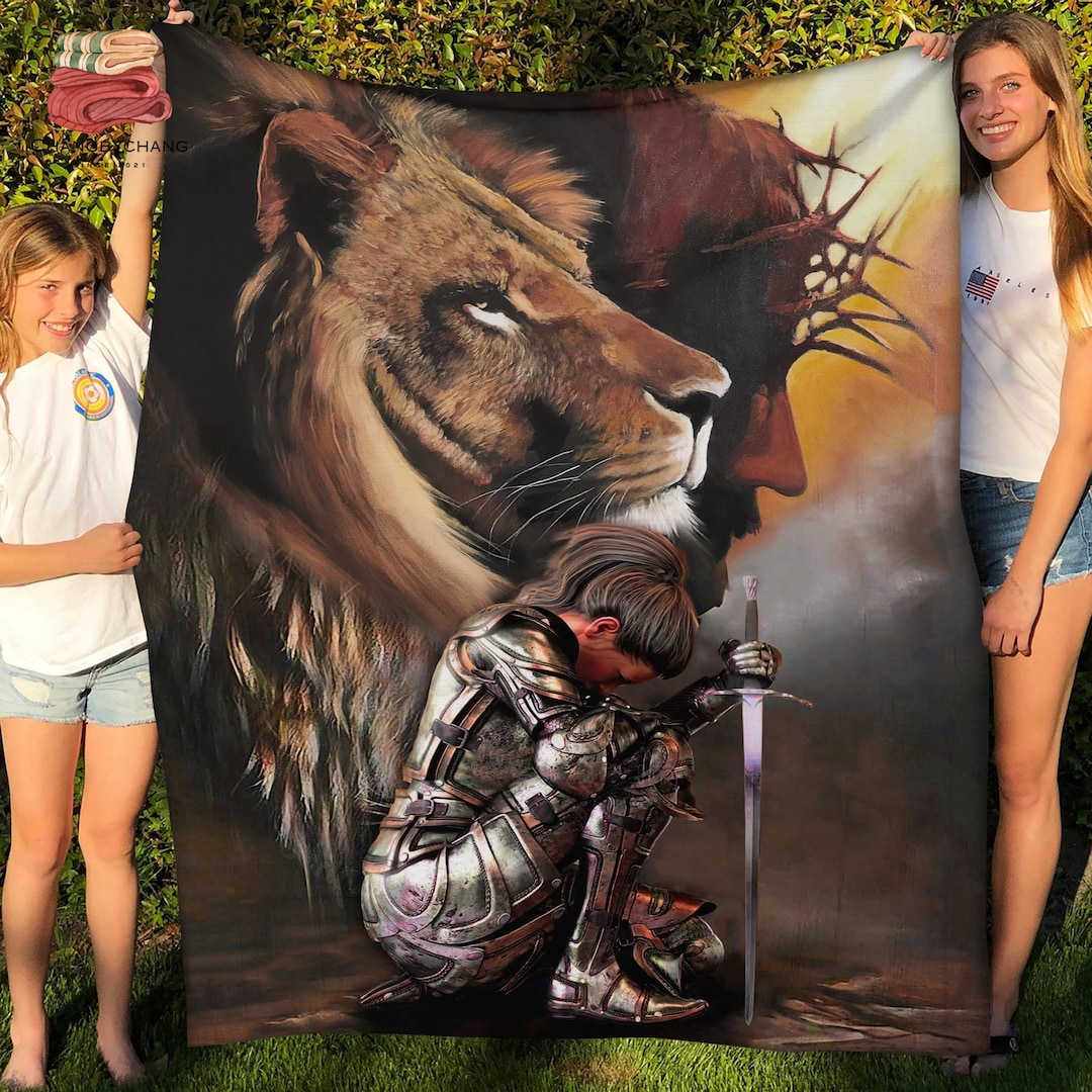 Jesus Christ With Lion and Kneeling Knight Fleece Blanket, Premium ...