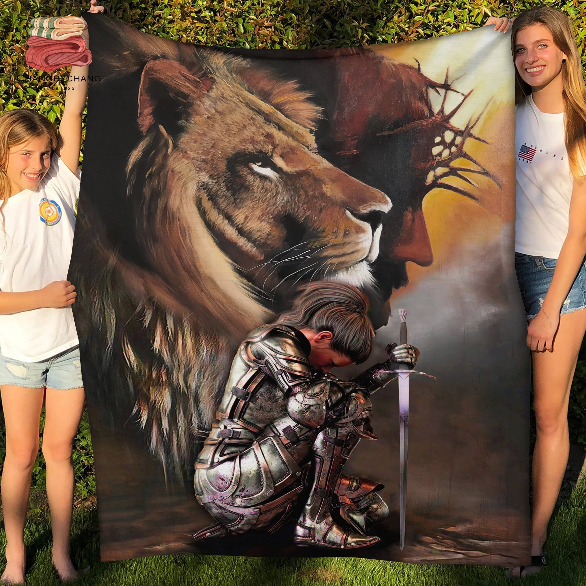 Jesus Christ With Lion and Kneeling Knight Fleece Blanket, Premium ...
