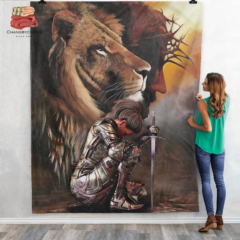 Jesus Christ With Lion and Kneeling Knight Fleece Blanket, Premium ...