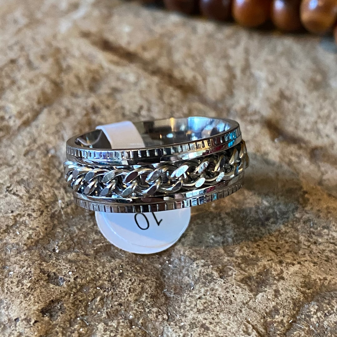 Silver Stainless Steel Rotatable Men Ring, High Quality Spinner Chain ...