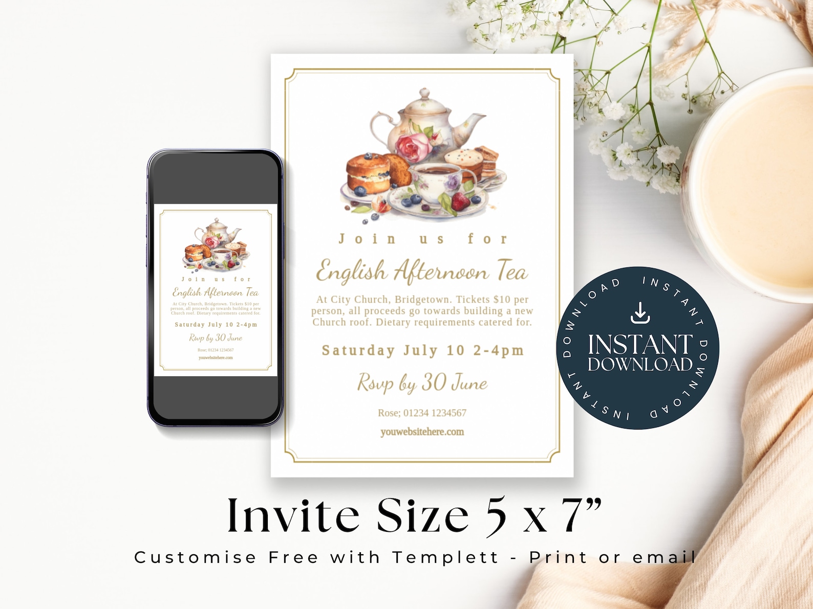Editable Afternoon Tea Invitation | Women’s Tea Party Invitation ...