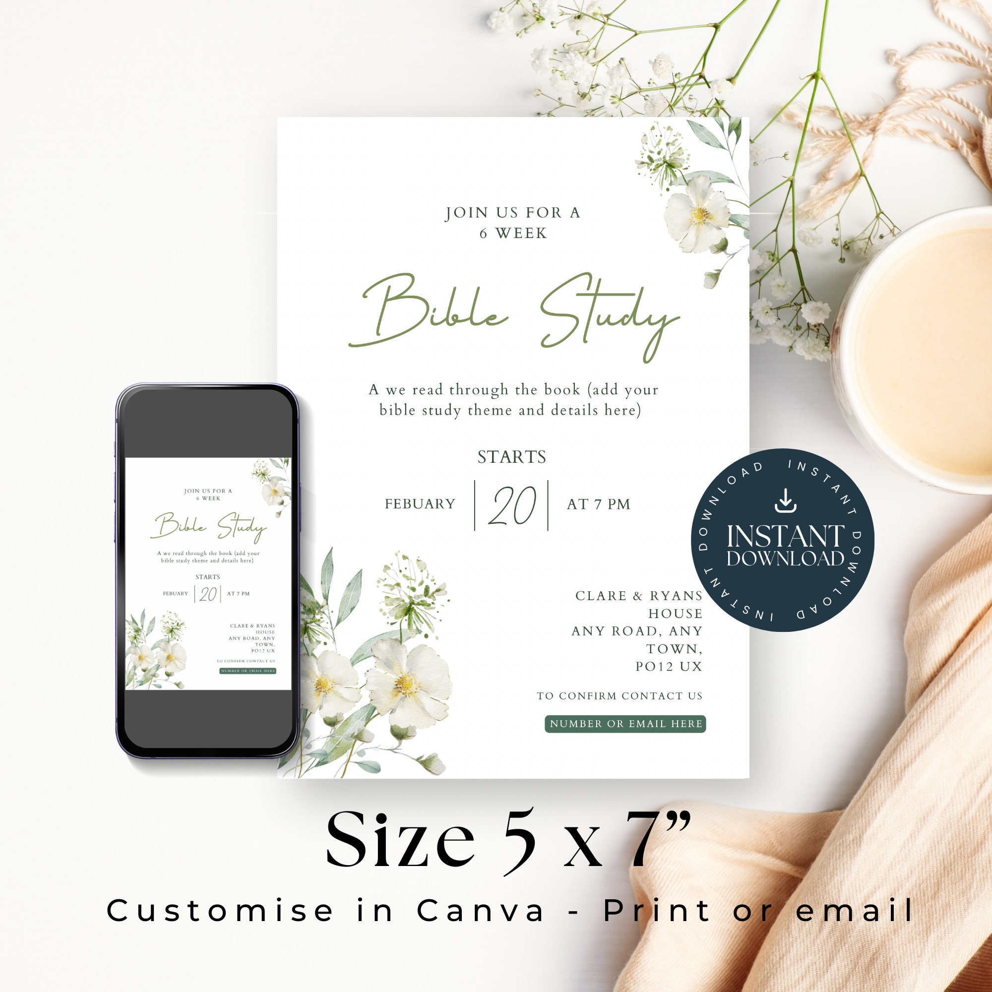Editable Bible Study Invite Floral Flowers Invitation Template Women's ...