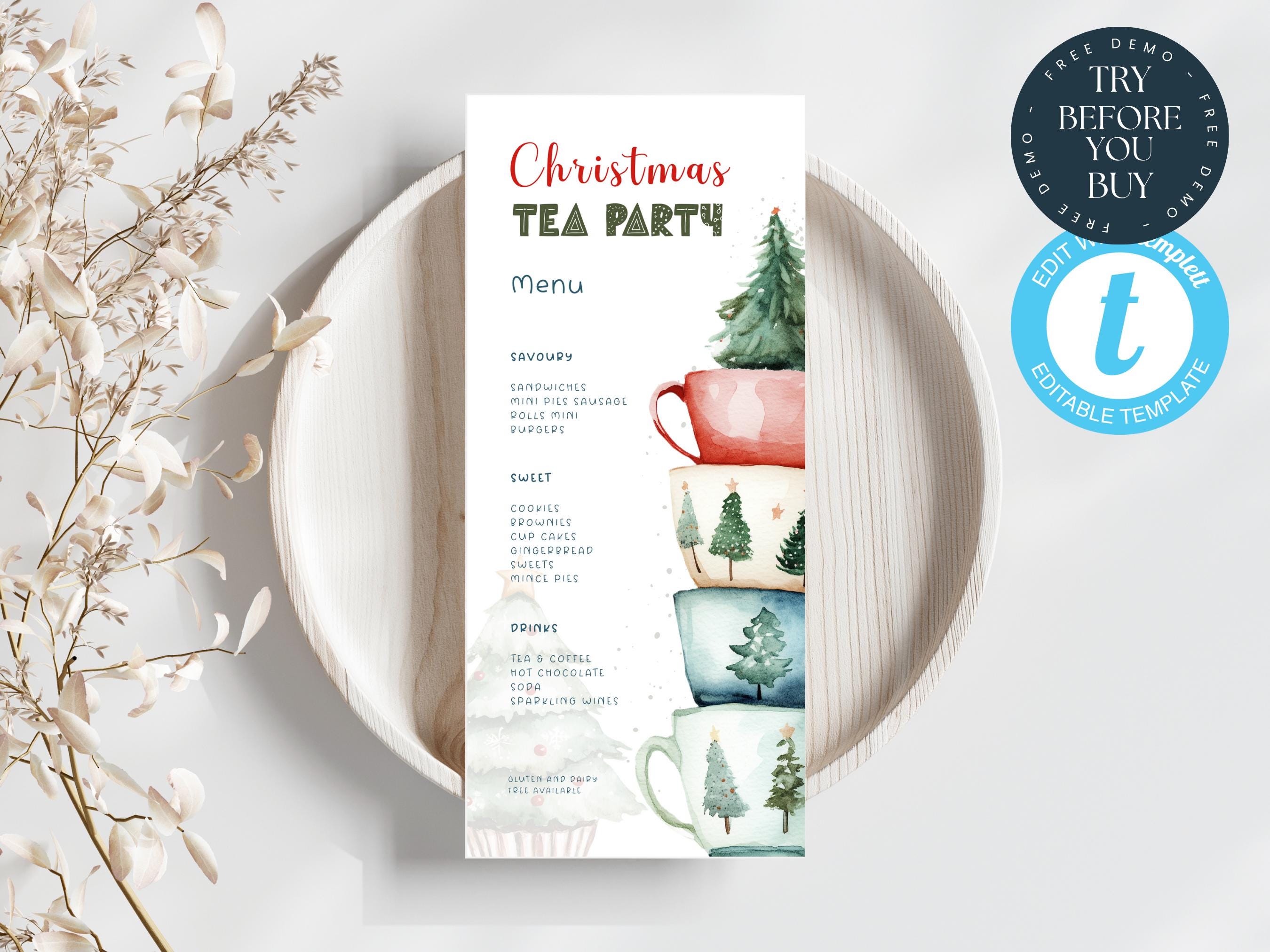 Cute Christmas Tea Party Menu Template | Christmas Menu Card ...