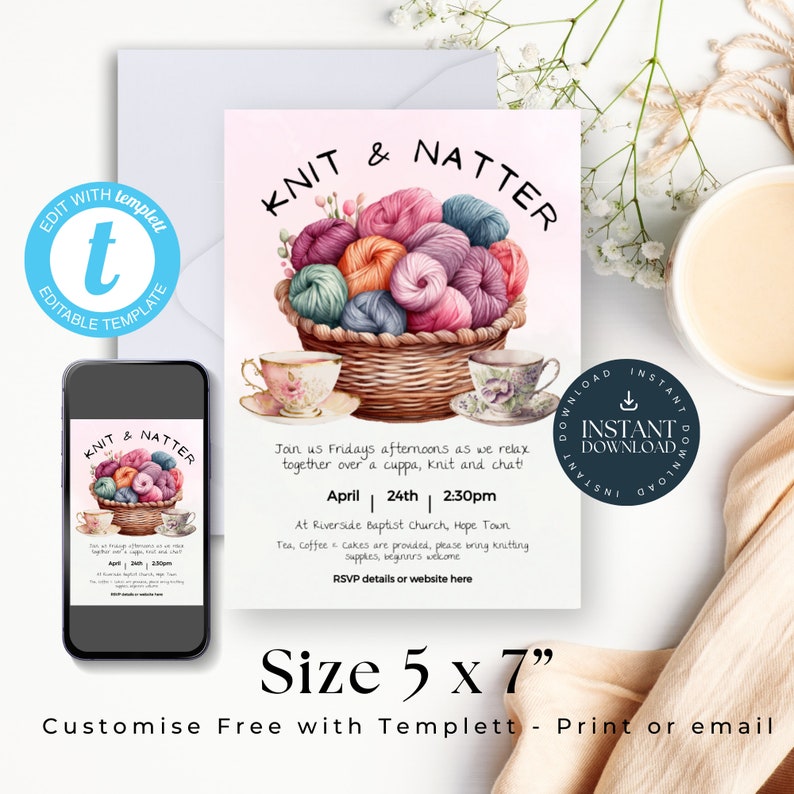 Knit & Natter Flyer Template | Knitting Group Invite | Community Event ...