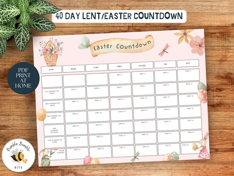 Easter Countdown Calendar, Undated Lent Calendar, Easter Tracker, 40 ...