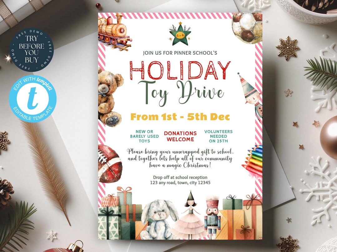 School Christmas Toy Drive Flyer | Editable Holiday Fundraiser Poster ...