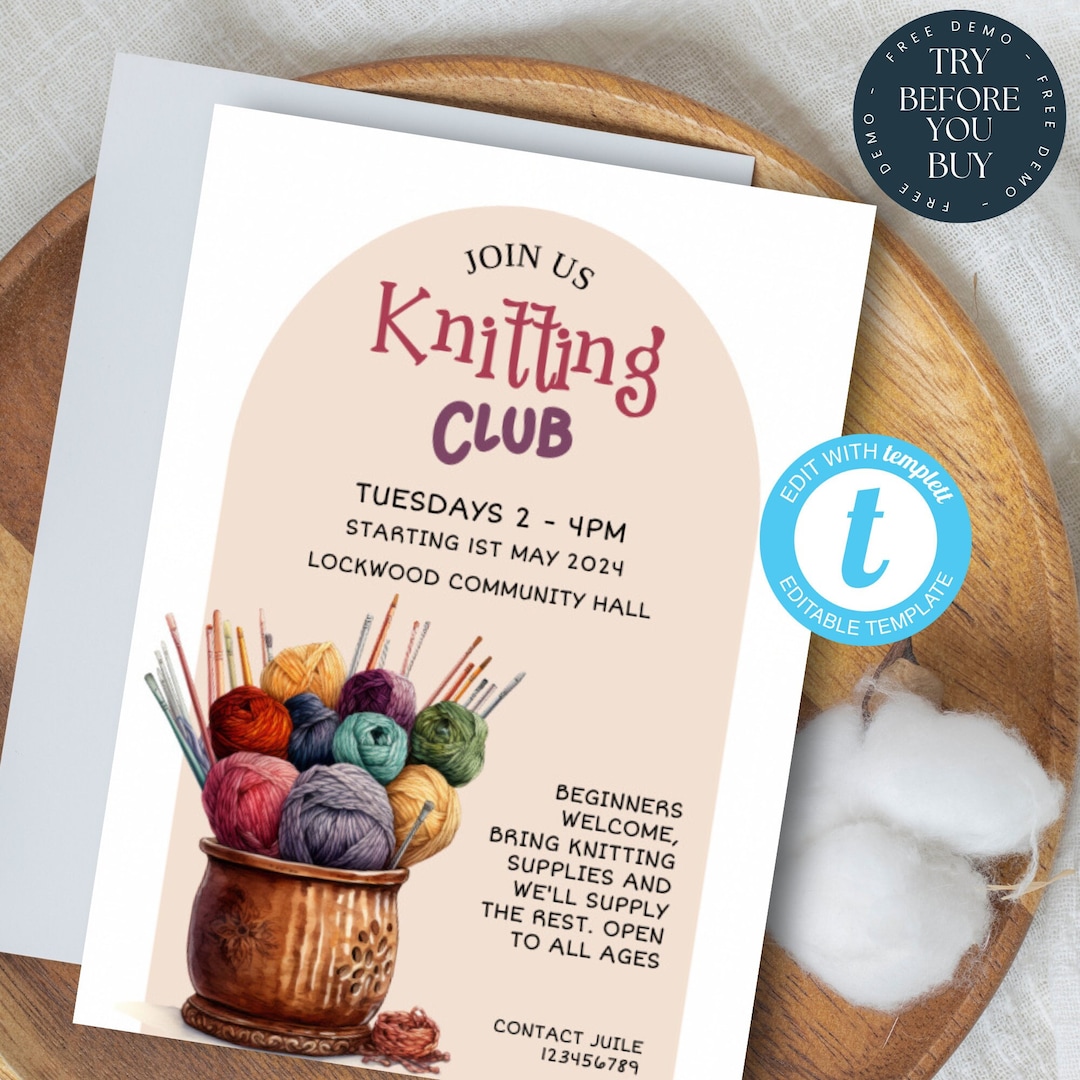 Knitting Club Flyer Template, Knitting Group Invite, Craft Activity ...