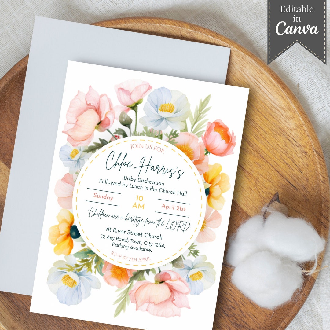 Spring Flowers Baby Dedication Invitation Template | Baptism Invite ...