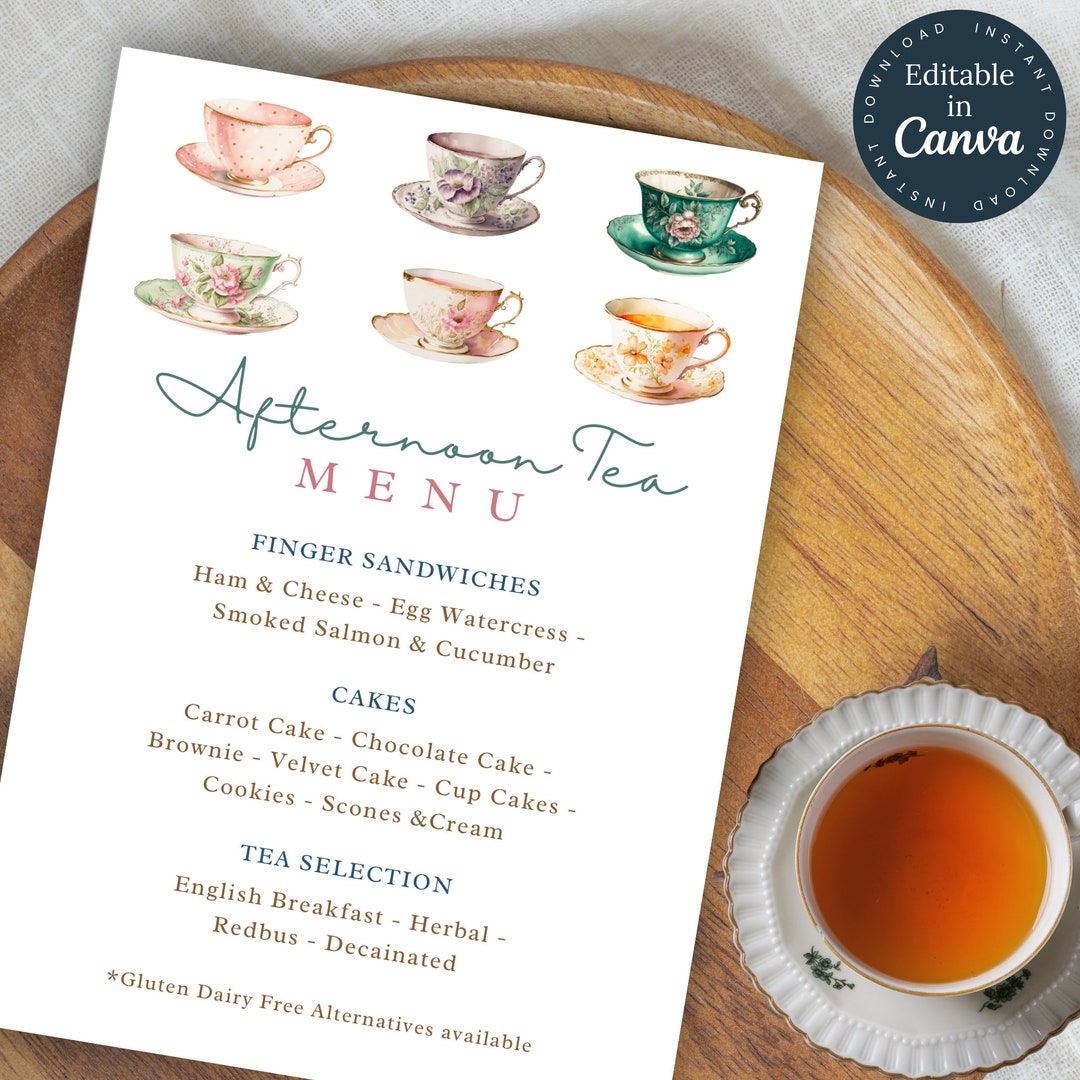Afternoon Tea Menu Template | Editable Event Menu | Printable Menu ...