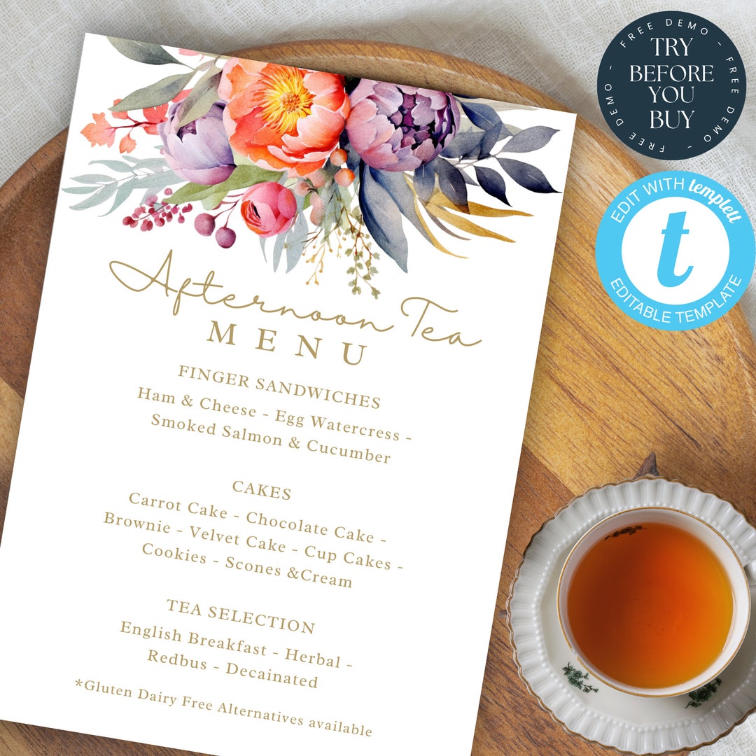 Afternoon Tea Menu Template Editable Event Menu Card Printable Menu Tea ...
