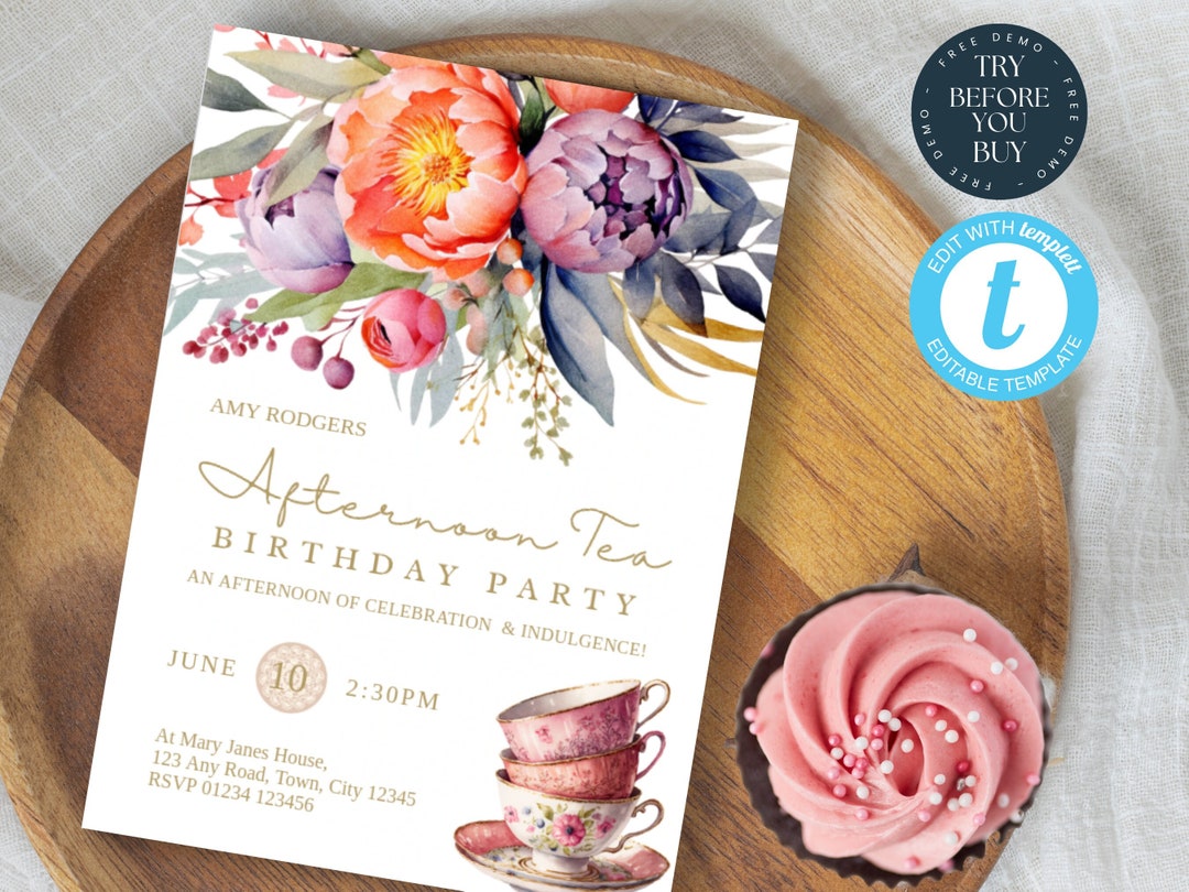 Afternoon Tea Birthday Party Invite Birthday Invitation Women's Tea ...