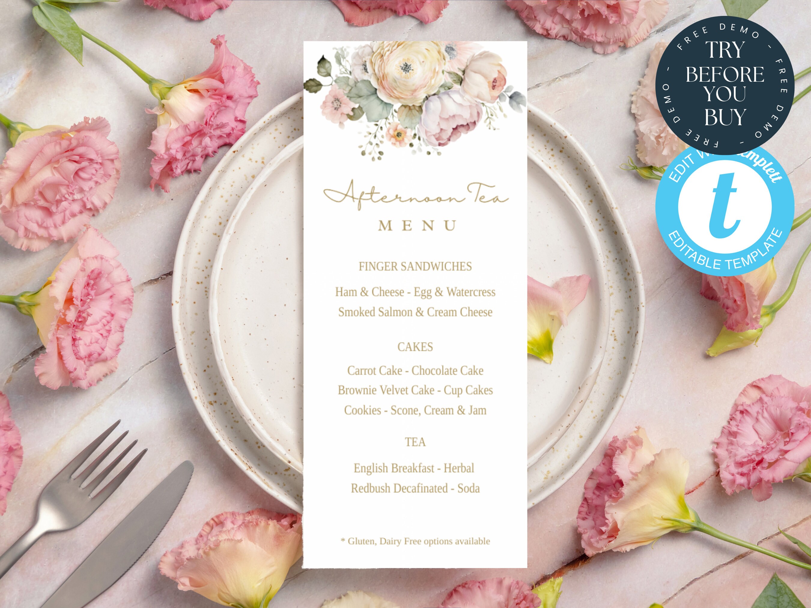 Afternoon Tea Menu Template | Editable Event Menu | Printable Menu ...