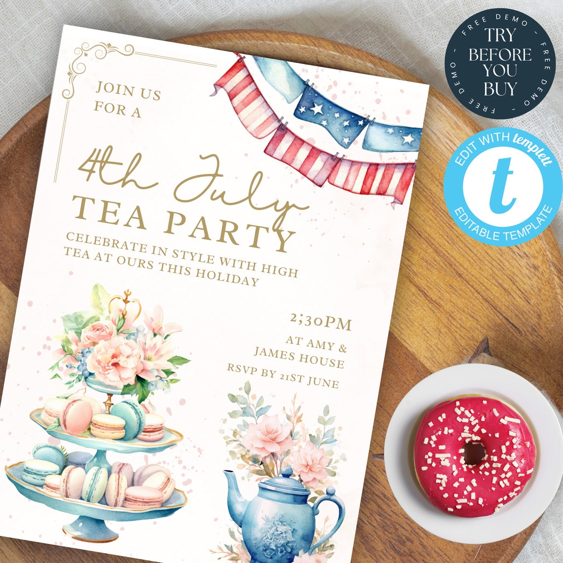 4th July Tea Party Invite Template Fourth July Afternoon Tea High Tea Independence Day Event ...