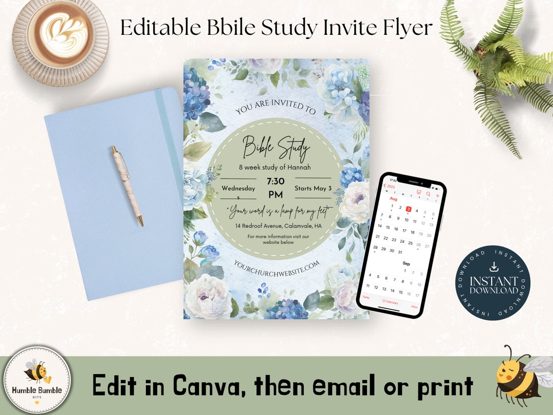 Blue Floral Editable Bible Study Invite Prayer Group Invite - Etsy