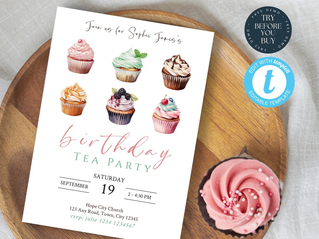 Cupcake Birthday Party Invite Tea Party Invite Afternoon Tea Birthday ...