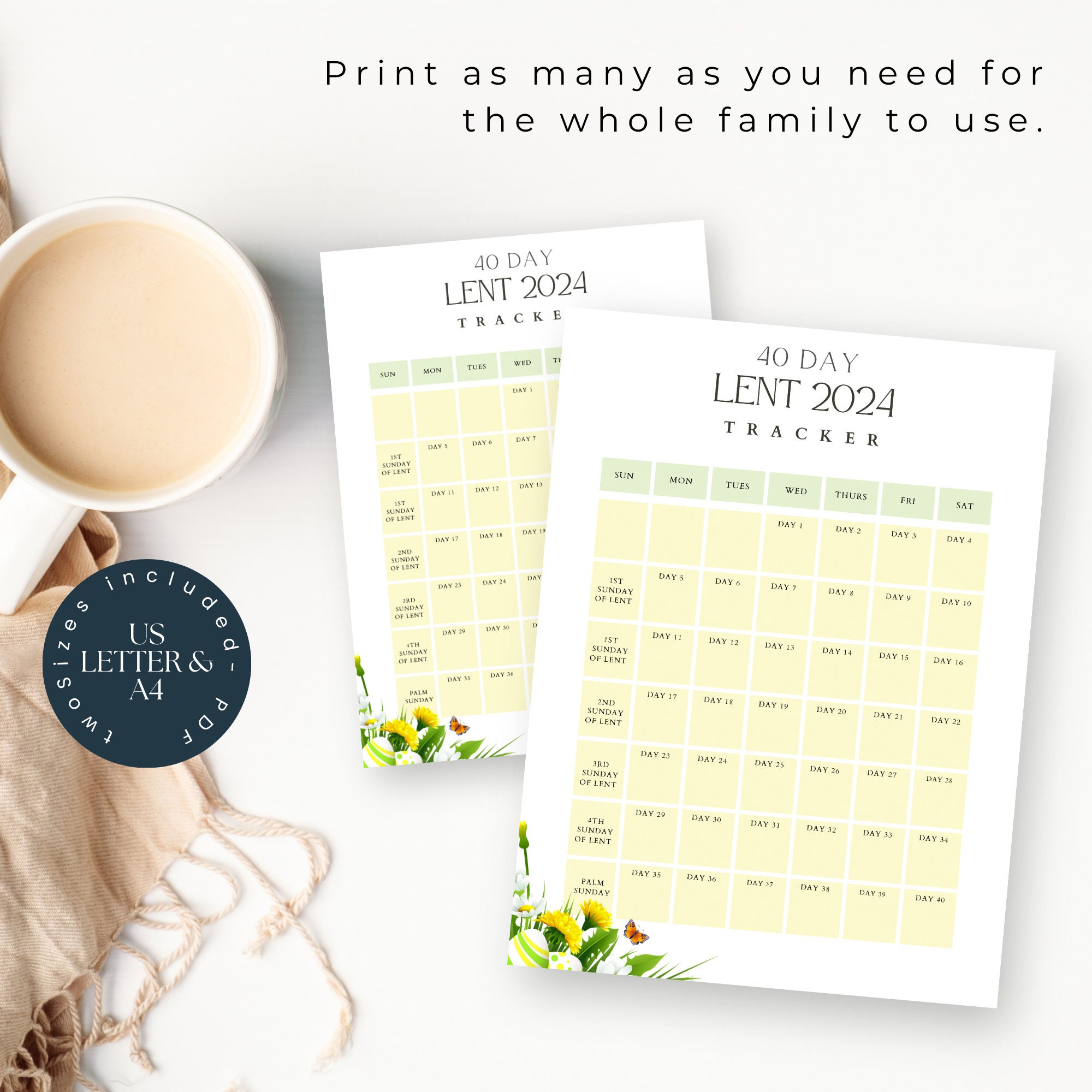 Yellow Lent Calendar 2024 Lent Tracker 40 Day Lenten Calendar Lent ...