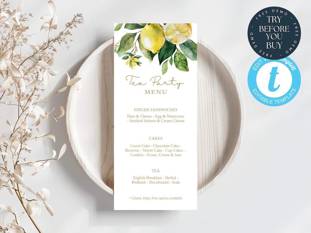 Citrus Lemon Afternoon Tea Menu Template | Garden Tea Party | Editable ...