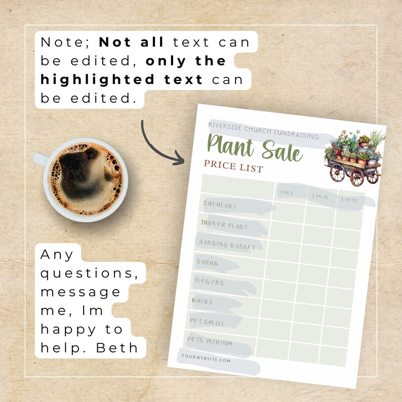 Editable Form Price List Template Plant Sale Fundraiser Form School ...