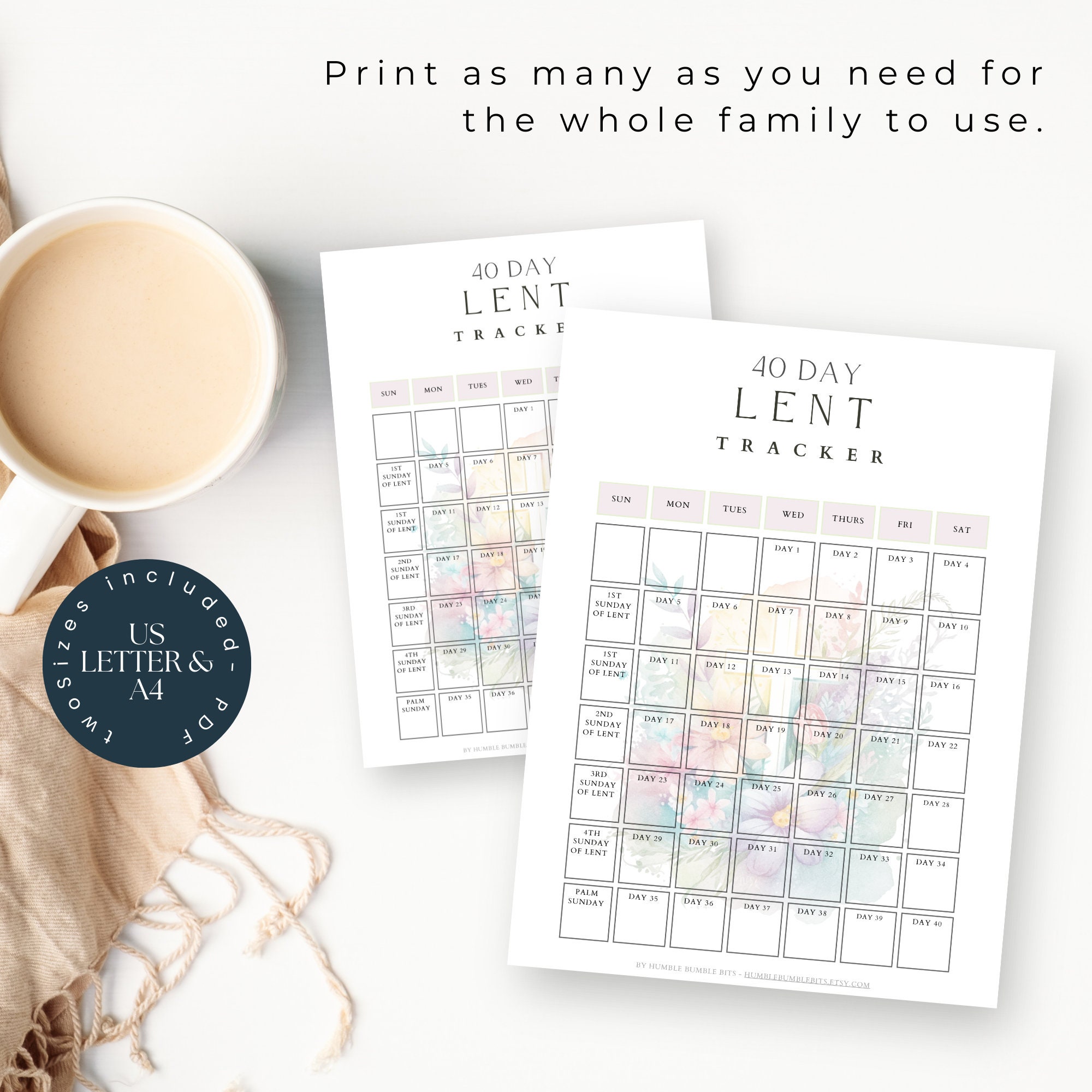 Cross Lent Calendar | 2024 Lent Tracker | 40 Day Lenten Undated ...