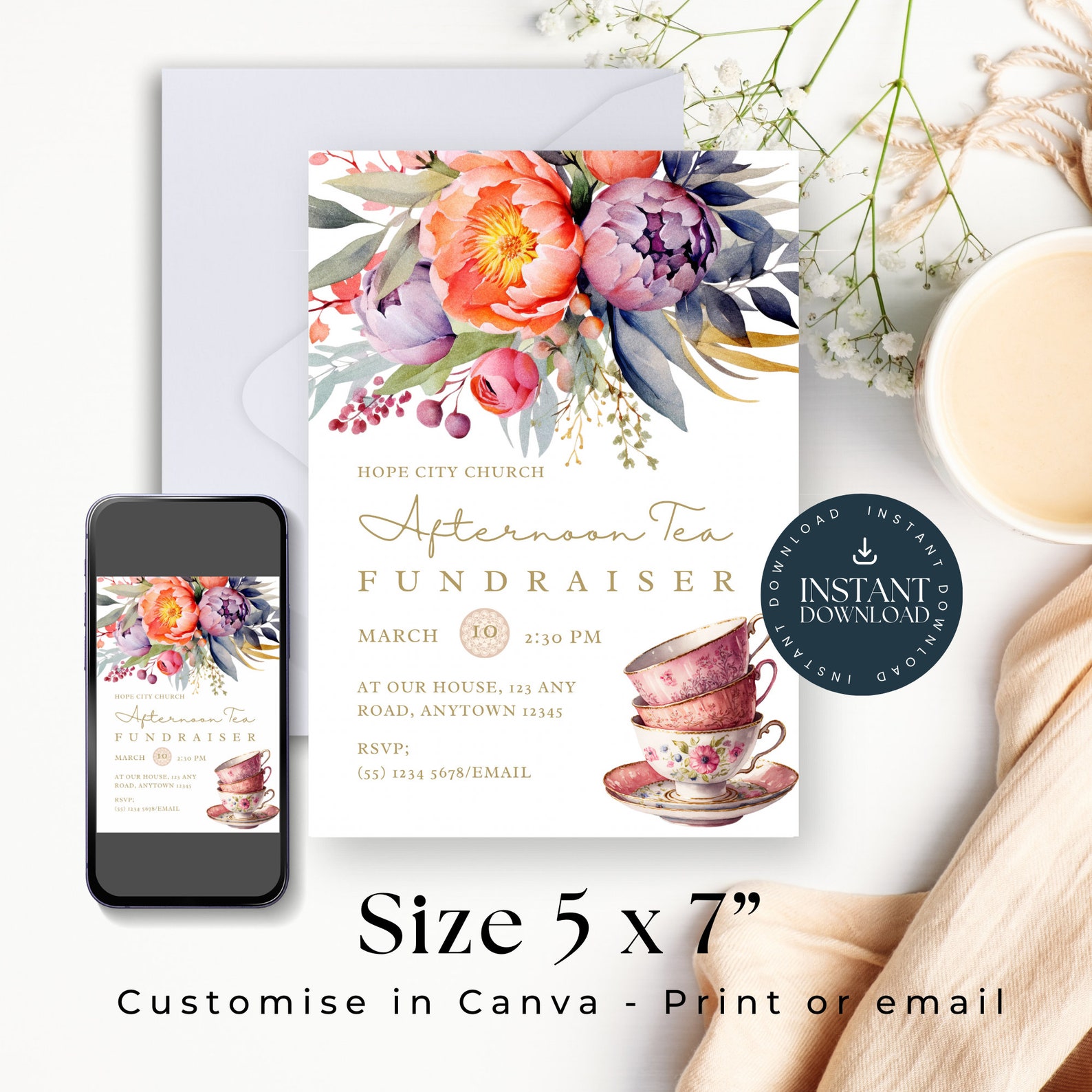 Fundraising Afternoon Tea Invite | Editable Charity Event Invitation ...