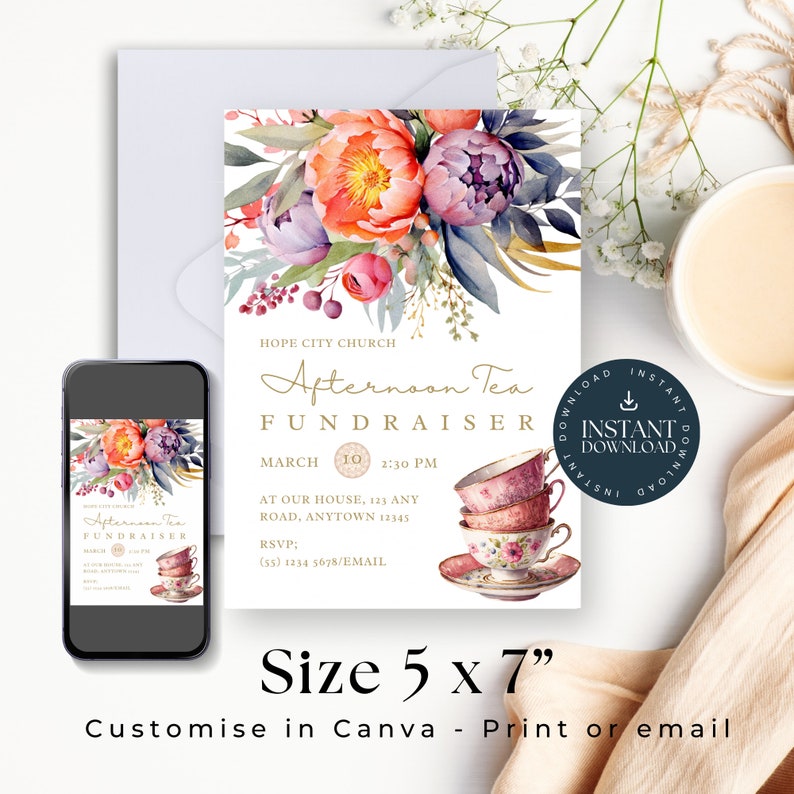 Fundraising Afternoon Tea Invite | Editable Charity Event Invitation ...