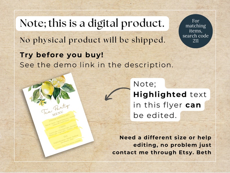 Citrus Lemon Afternoon Tea Menu Template | Garden Tea Party | Editable ...