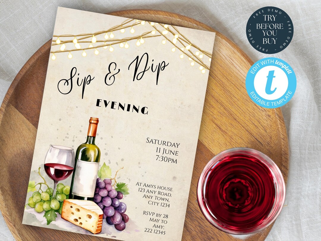 Sip & Dip Editable Invite Template Sip and Paint Invite Girls Night ...