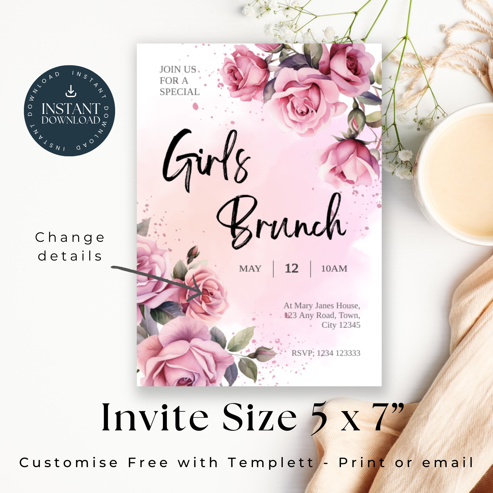 Girls Brunch Invitation Template Editable | Pink Floral Brunch Invite ...