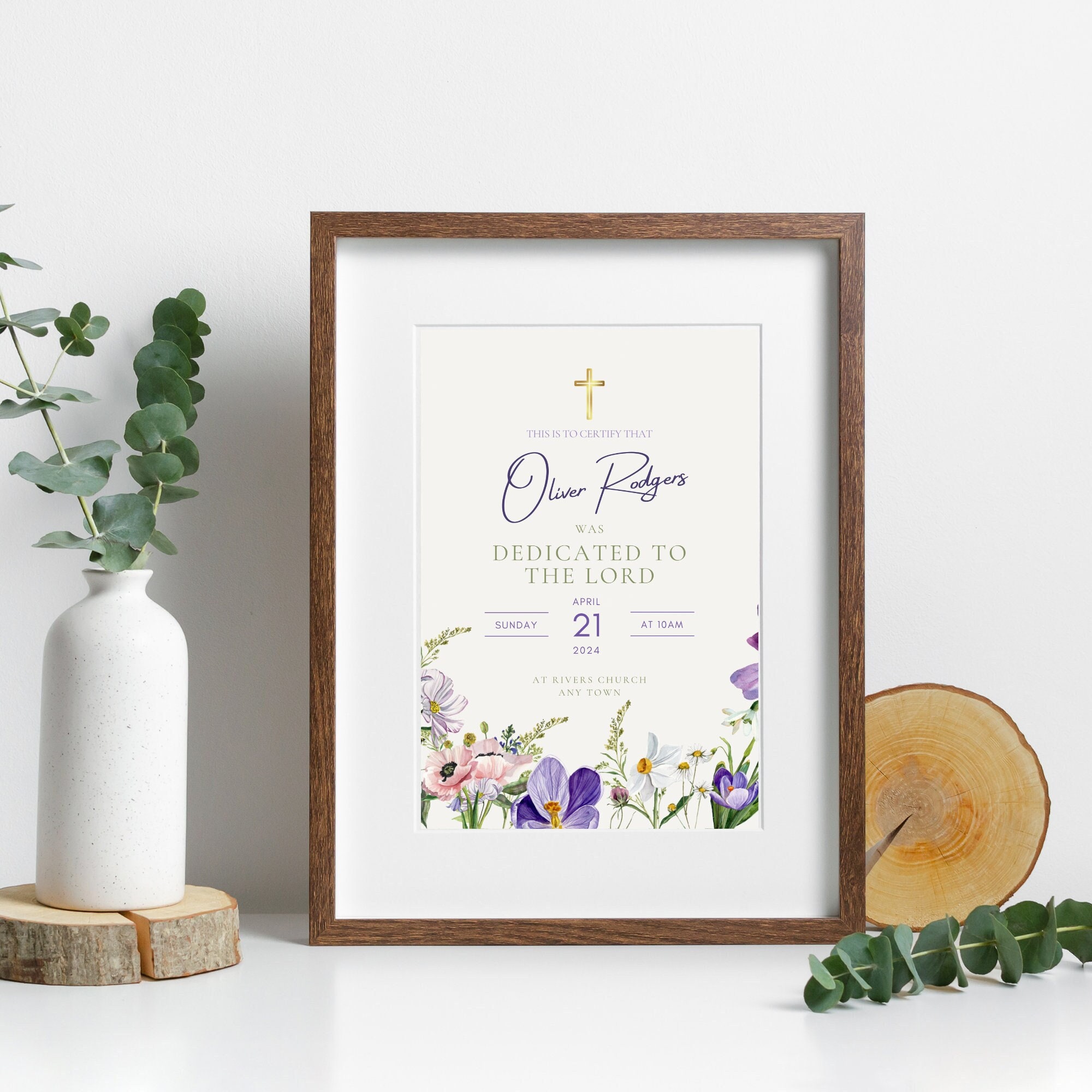 Editable Baptism Certificate Template | Purple Spring Flowers ...