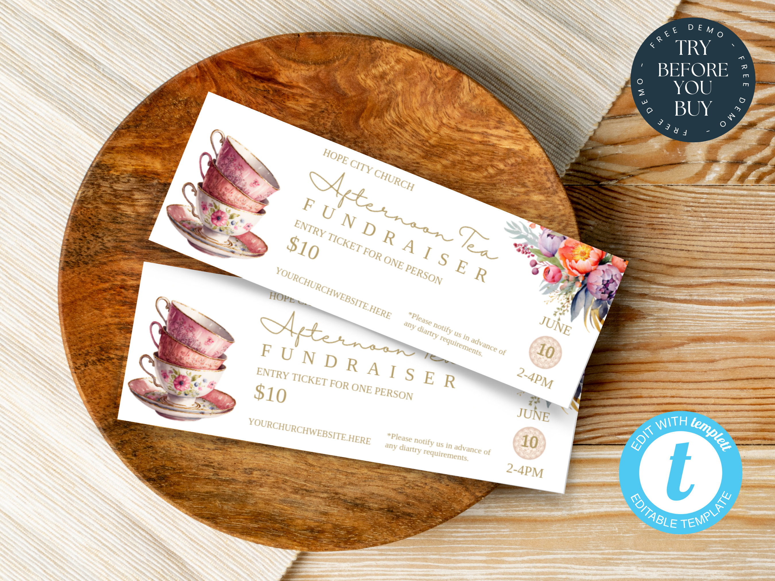 Editable Afternoon Tea Event Tickets | Printable Tea Party Ticket ...