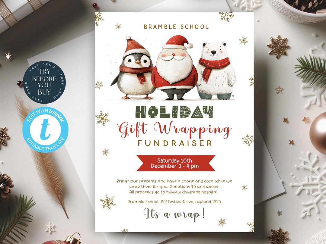 Holiday Gift Wrapping Fundraiser Flyer | Editable Santa Christmas Event ...