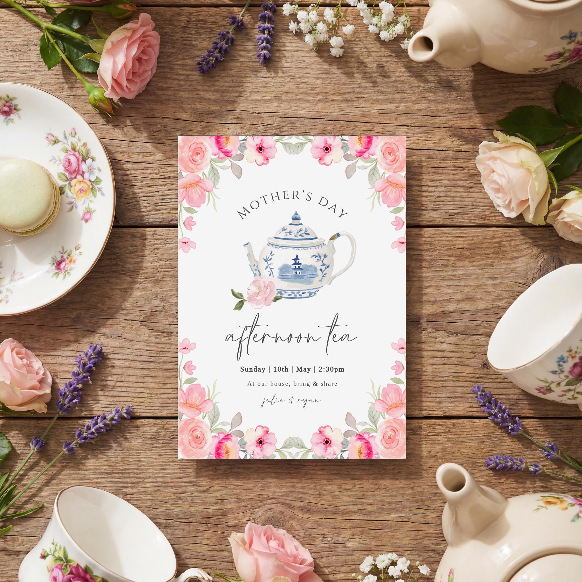Mother’s Day Afternoon Tea Invitation Template | Editable Pink Floral ...
