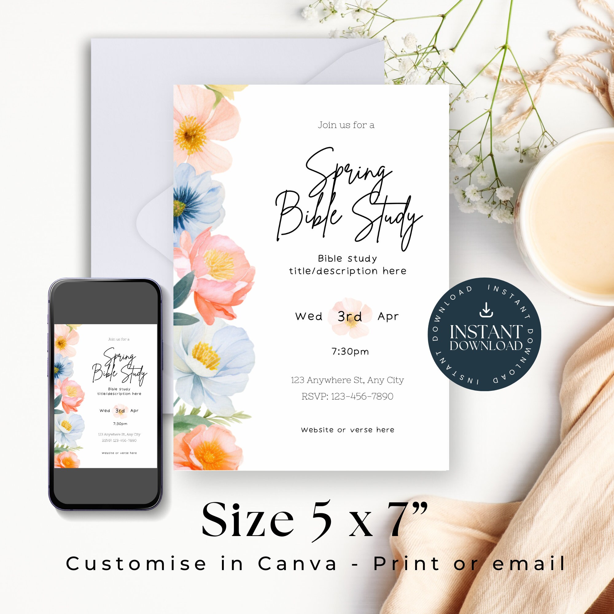 Spring Flowers Invitation Template Womens Bible Study Flyer Editable ...