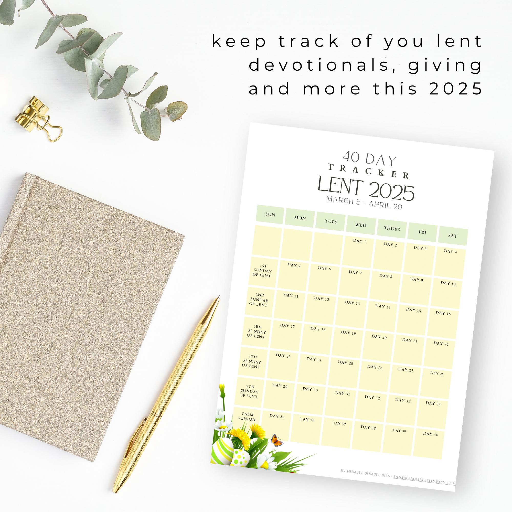 Yellow Lent Calendar | 2025 Lent Tracker | 40 Day Lenten Calendar ...