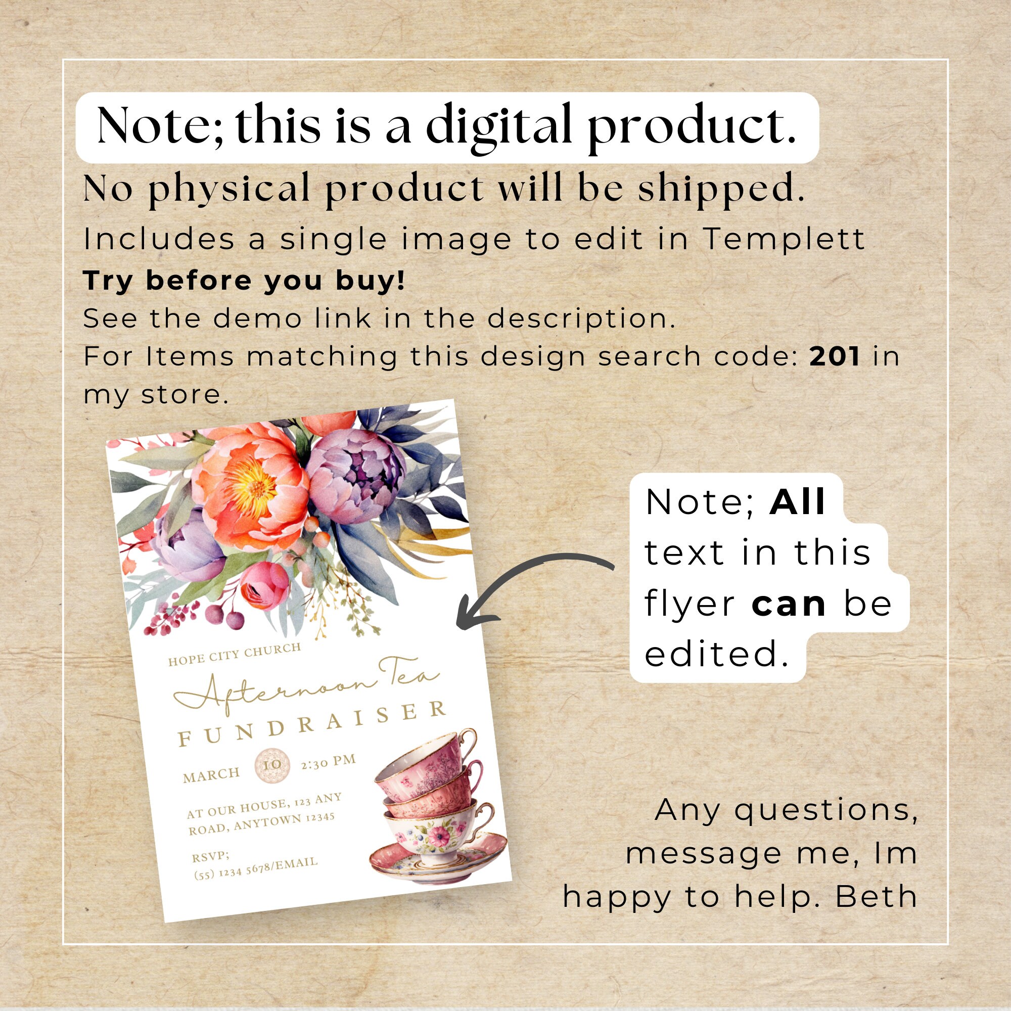 Fundraising Afternoon Tea Invite Editable Charity Event Invitation ...