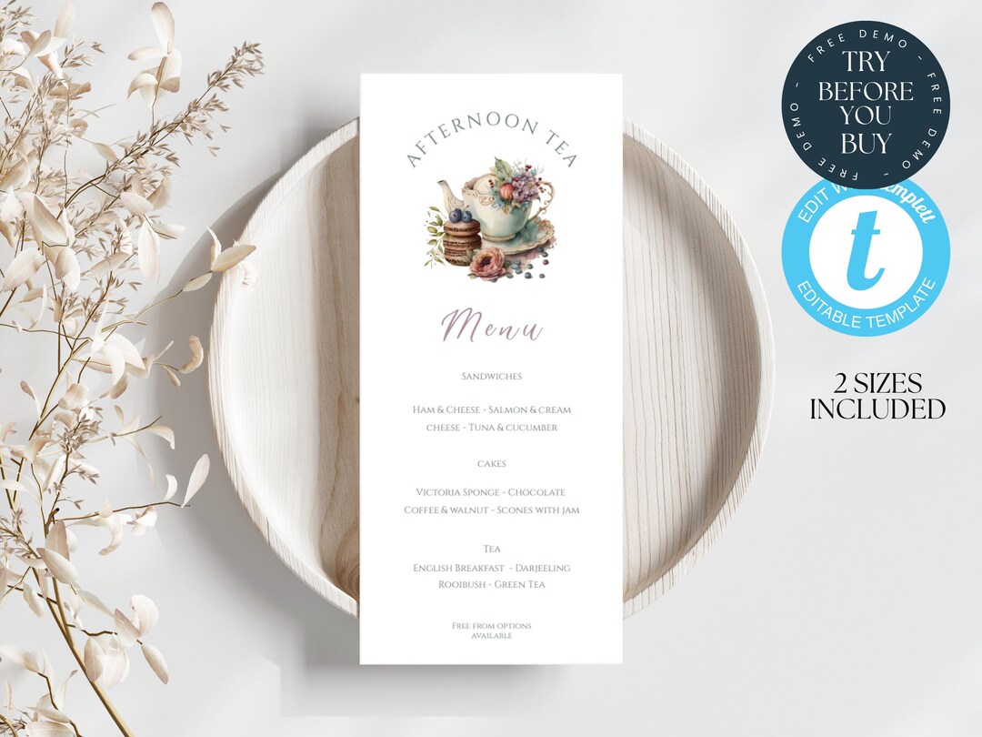 Afternoon Tea Menu Template | Editable Event Menu | Bridal, Baby Shower ...