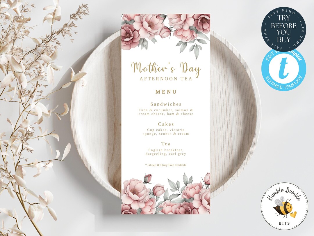 Mother’s Day Tea Party Menu | Afternoon Tea Menu Template | Floral Menu ...