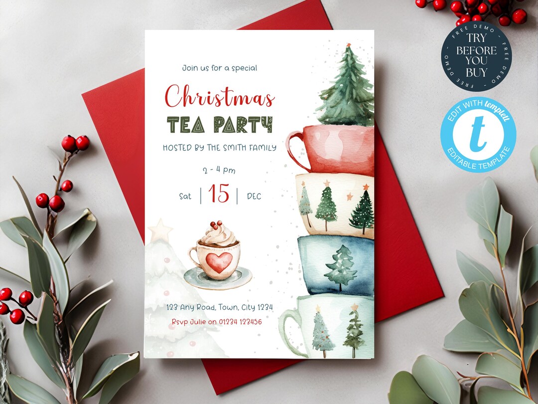 Editable Christmas Tea Party Invitation | Holiday Gathering Flyer ...