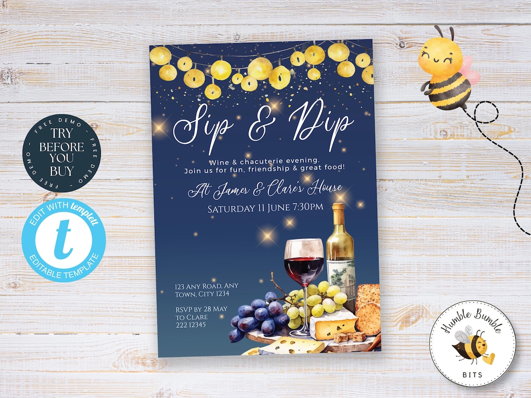 Sips & Dips Editable Invite Template | Girls Night Event | Sip and ...