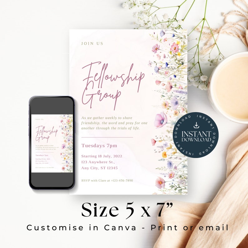 Floral Fellowship Group Invite | Editable Bible Study Invite | Church ...