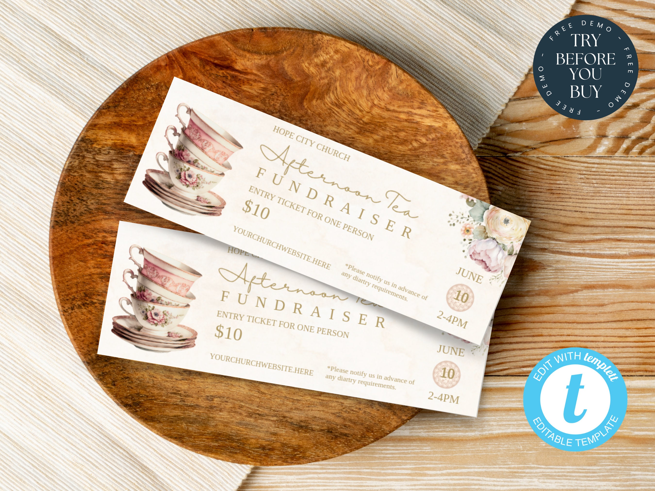 Pink Editable Afternoon Tea Event Tickets | Printable Tea Party Ticket ...