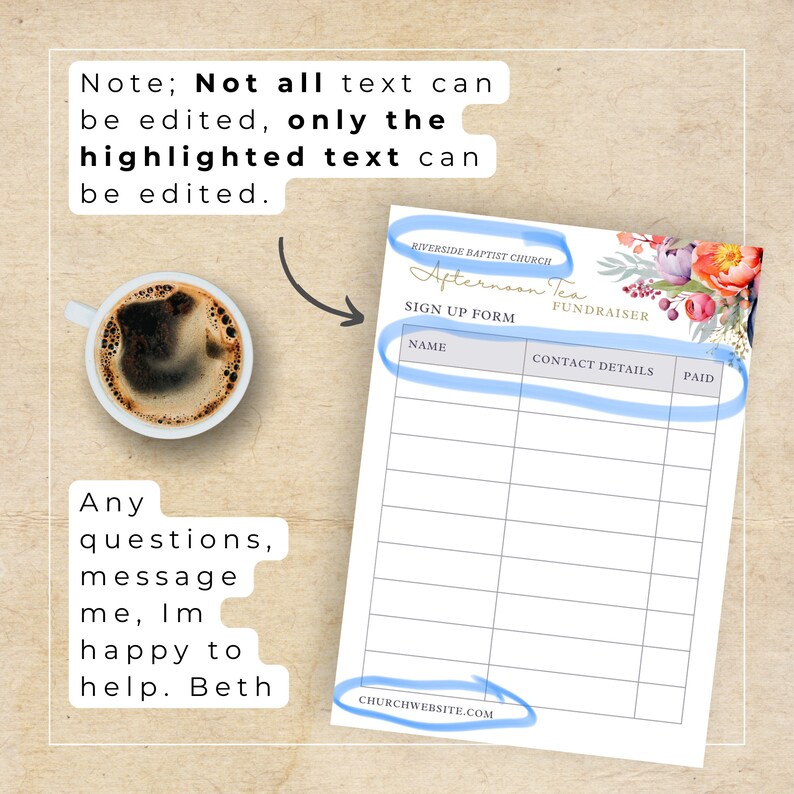 Fundraising Event Sign up Form | Editable Form | Tea Party Event ...