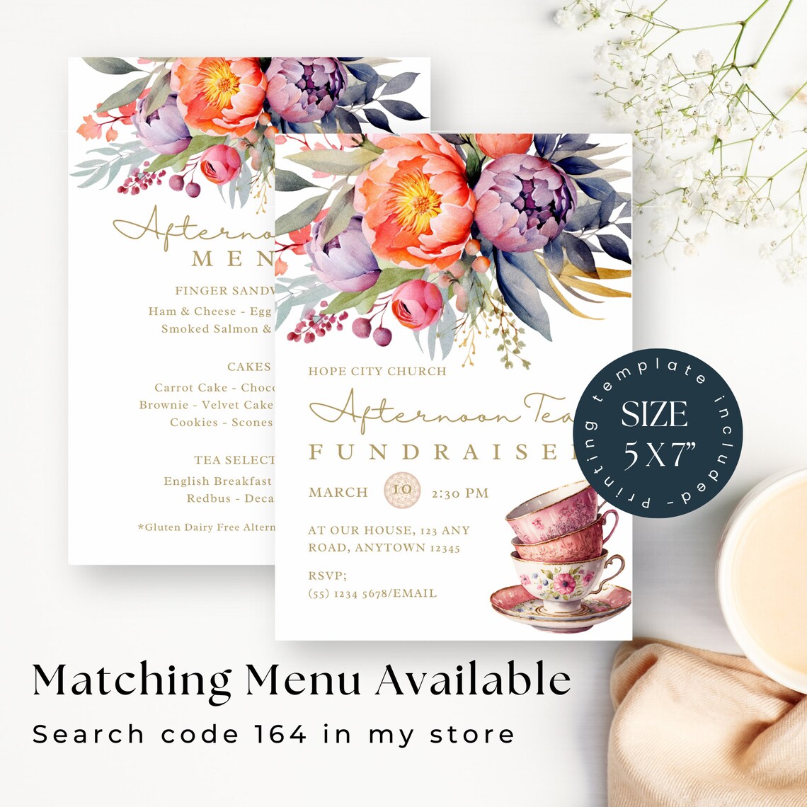 Afternoon Tea Menu Template Editable Event Menu Card Printable Menu Tea ...