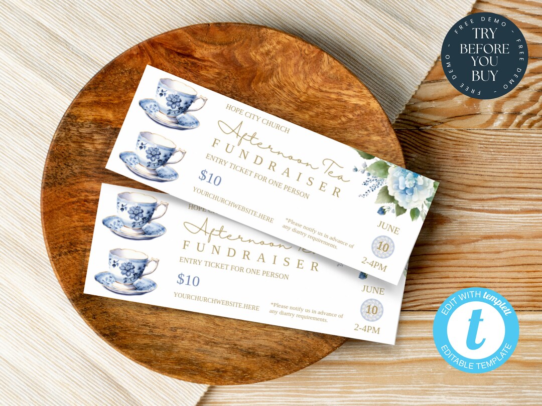 Blue Hydrangea Editable Afternoon Tea Event Tickets | Printable Tea ...