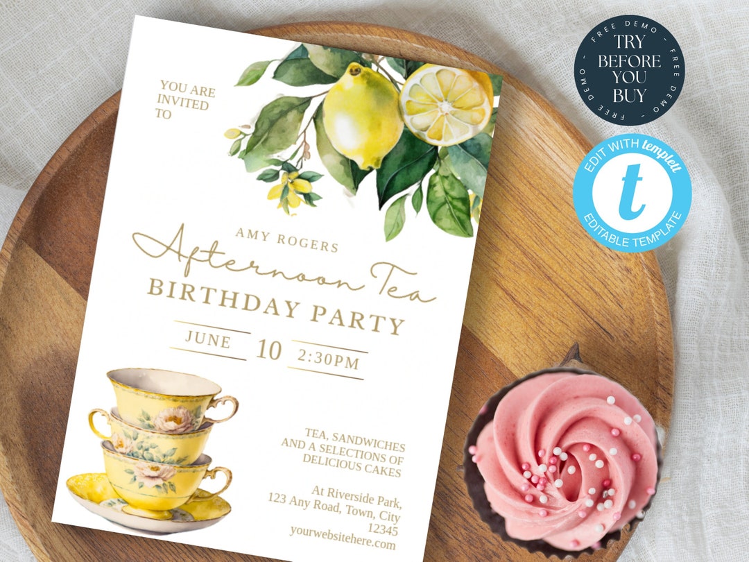 Citrus Lemon Afternoon Tea Birthday Party Invite | Birthday Invitation ...